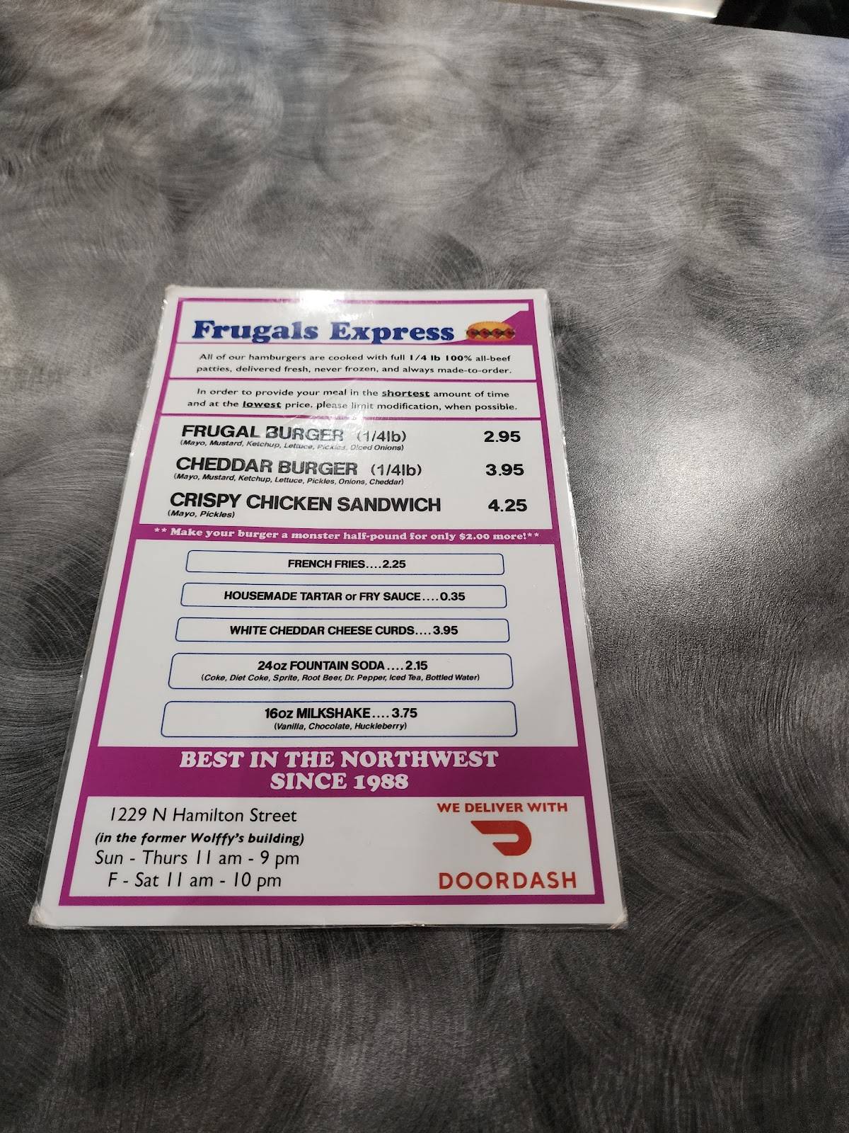 Menu at Frugals restaurant, Spokane