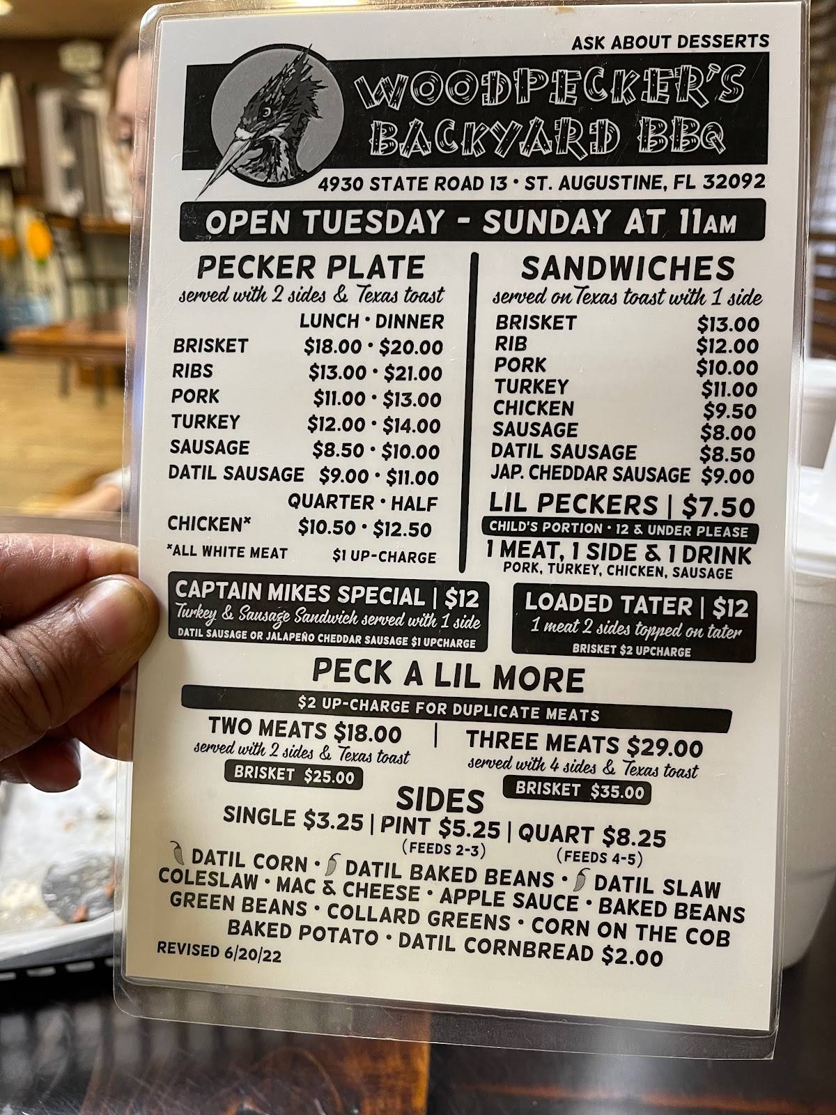 Menu at Woodpeckers Backyard BBQ, Jacksonville