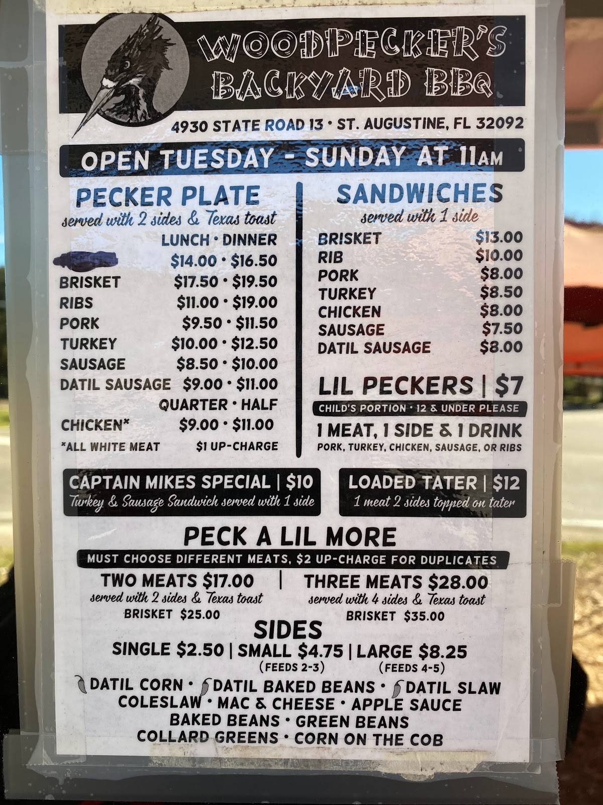 Menu at Woodpeckers Backyard BBQ, Jacksonville