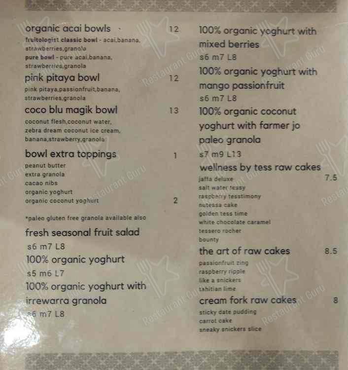 Menu at Fruitologist cafe, Rozelle