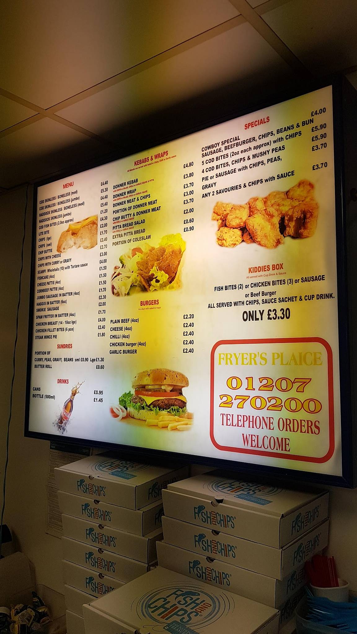 Menu at Fryer's Plaice fast food, Newcastle upon Tyne