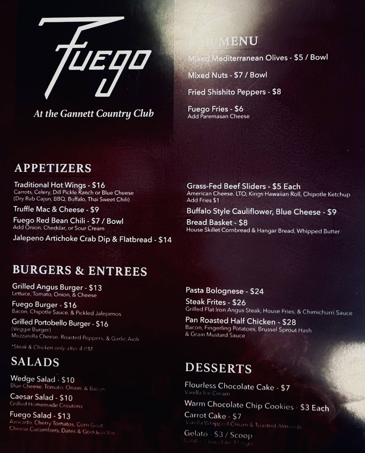 Menu at Fuego @ the GCC pub & bar, Bellevue