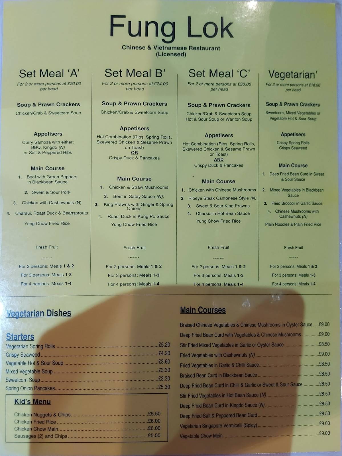 Menu at Fung Lok Chinese Vietnamese Restaurant, Liverpool, 55 Allerton Rd