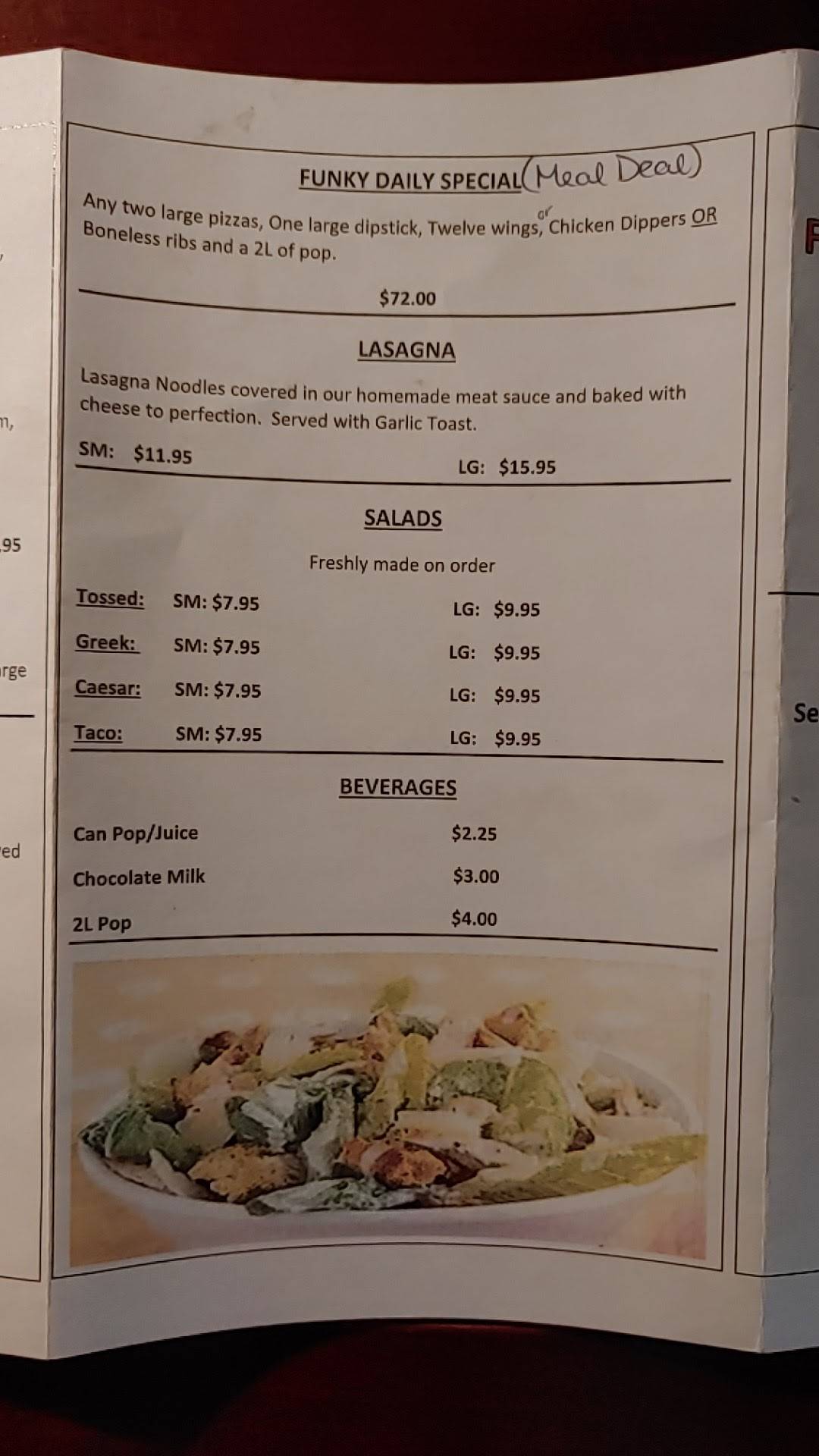Menu at Funky Pizza restaurant, Sparwood