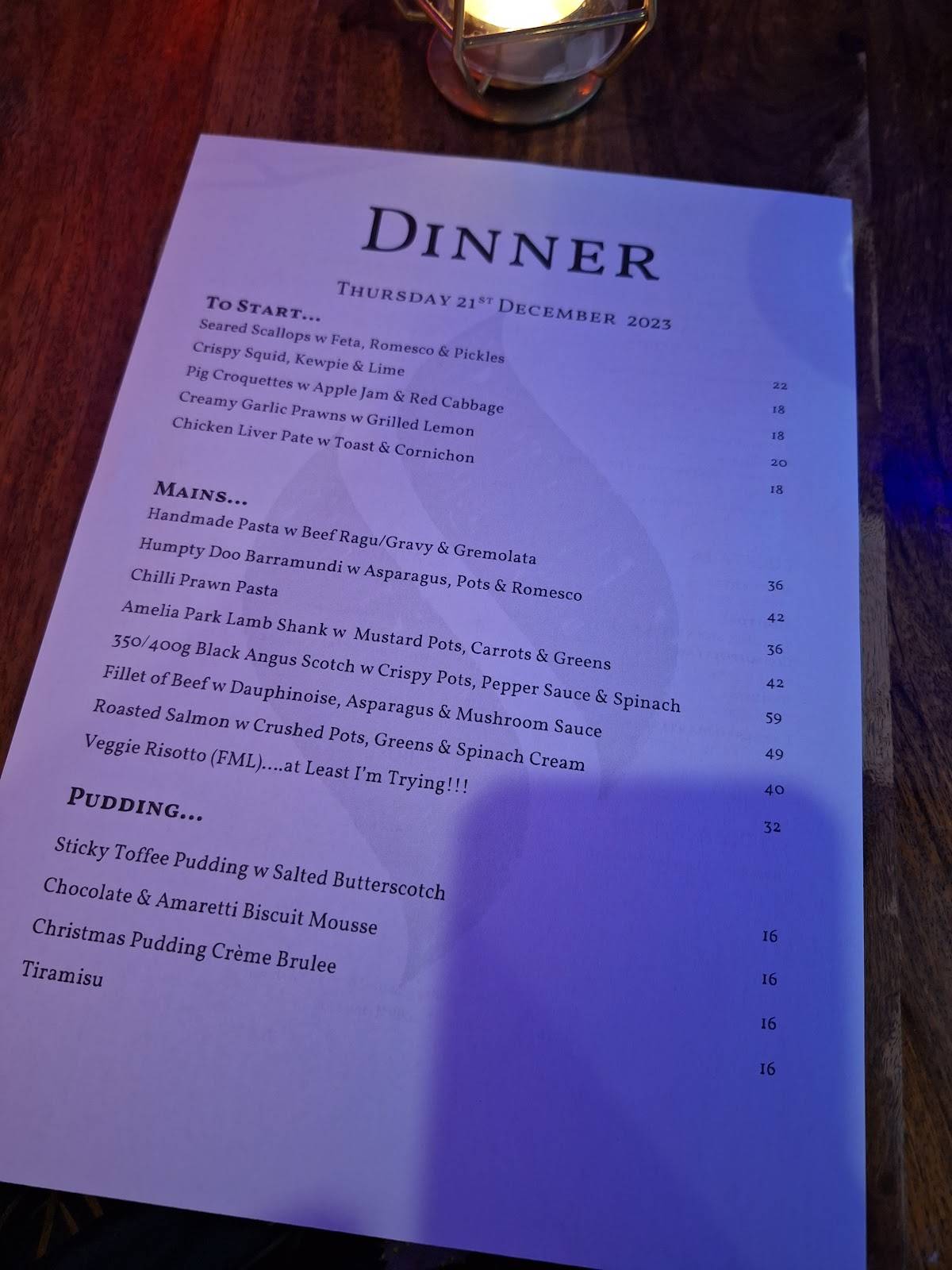 Menu at Fyre restaurant, Connolly