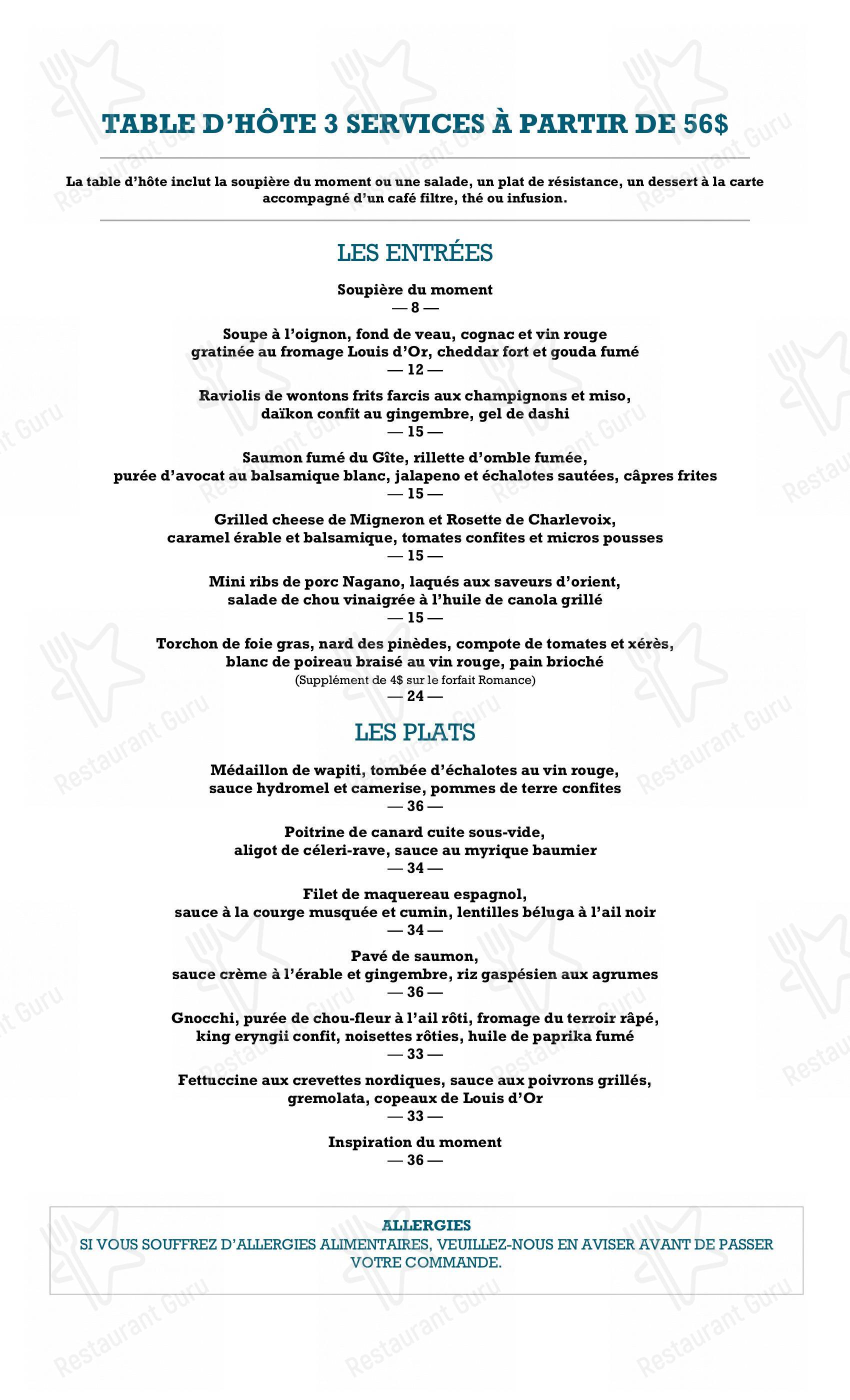 Menu au Gîte du Mont-Albert pub et bar, Sainte-Anne-des-Monts--Tourelle ...