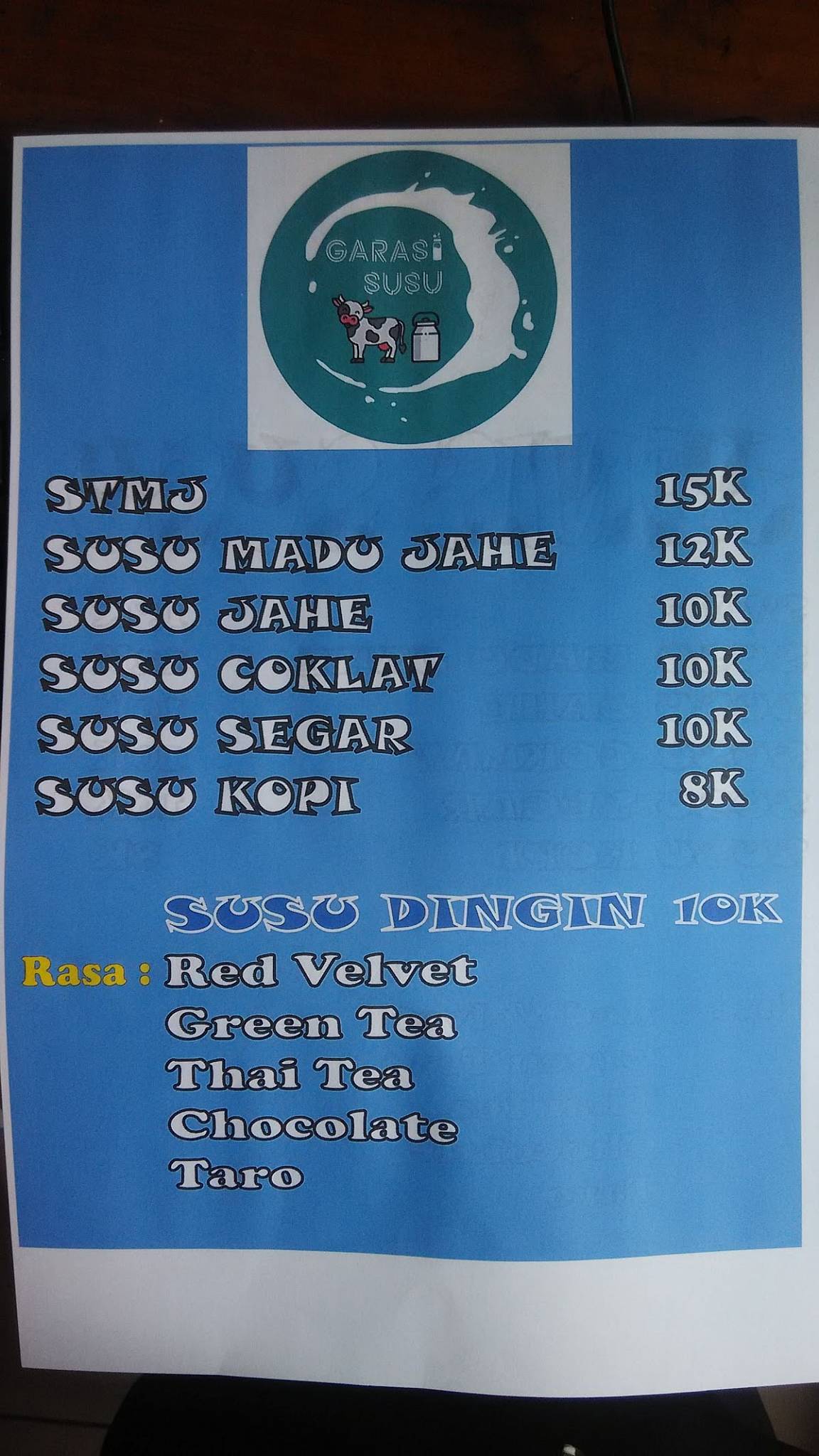 Menu at GARASI SUSU cafe, Batu