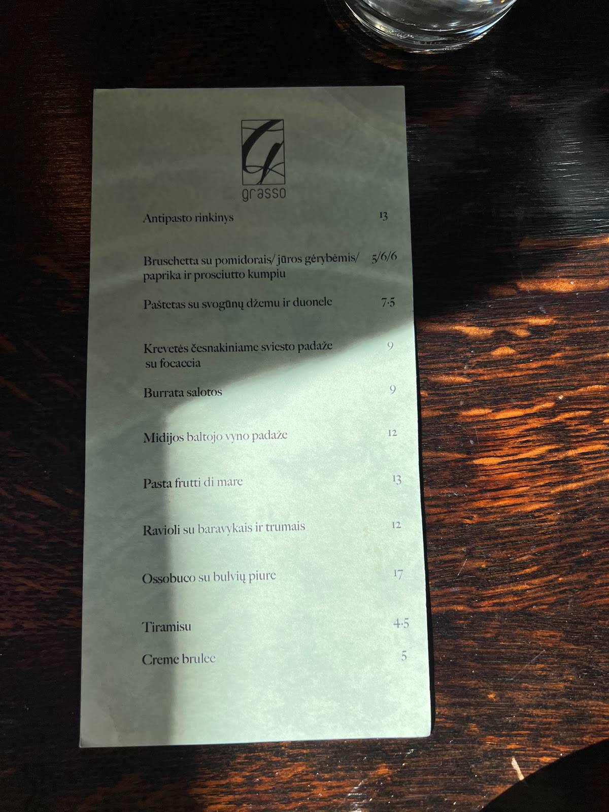Menu at GRASSO restaurant, Klaipėda
