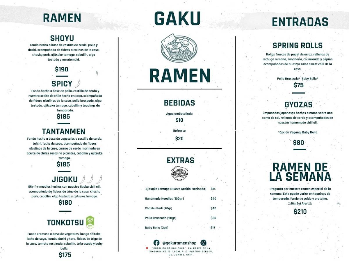 Carta del restaurante Gaku Ramen Shop, Ciudad Juarez