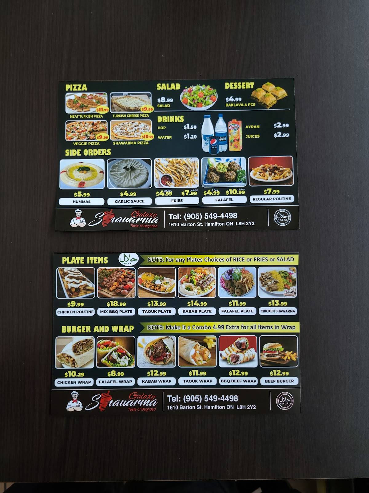 Carta del restaurante Galaxy shawarma, Hamilton