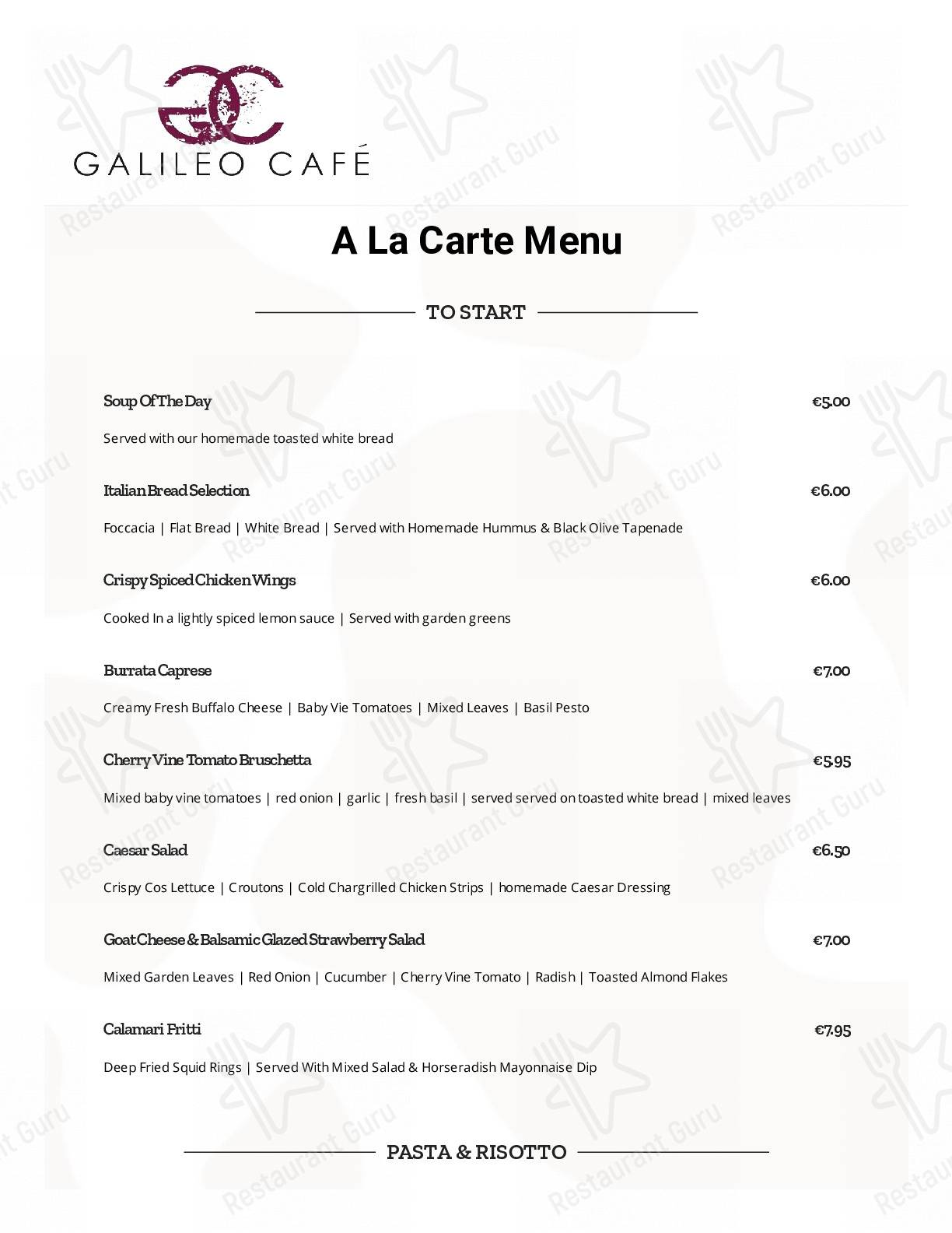 Menu at Galileo Restaurant Luigis Family Diner, Edenderry