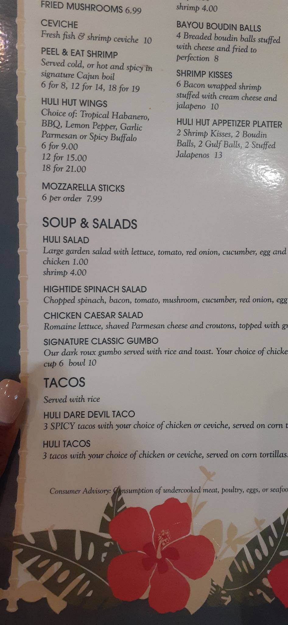 Menu at Huli Huli Hut restaurant, Galveston