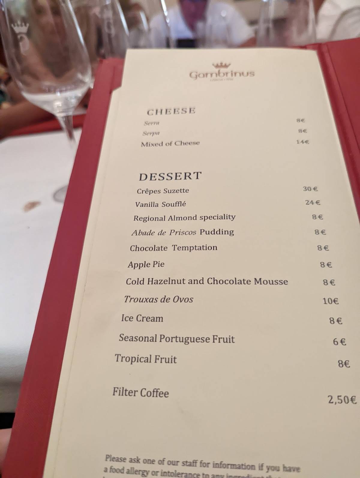 Menu at Gambrinus restaurant, Lisbon