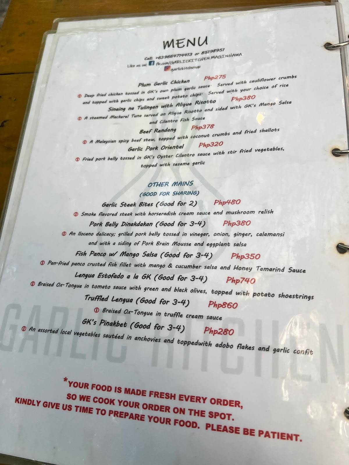 Menu at Garlic Kitchen restaurant, Quezon City