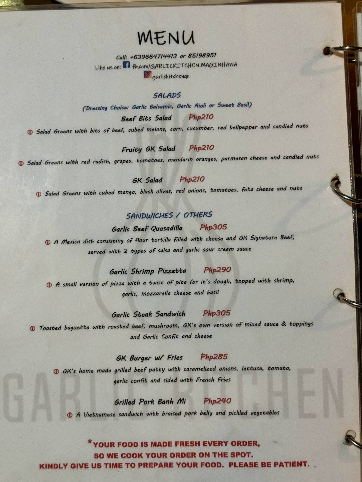 Menu at Garlic Kitchen restaurant, Quezon City
