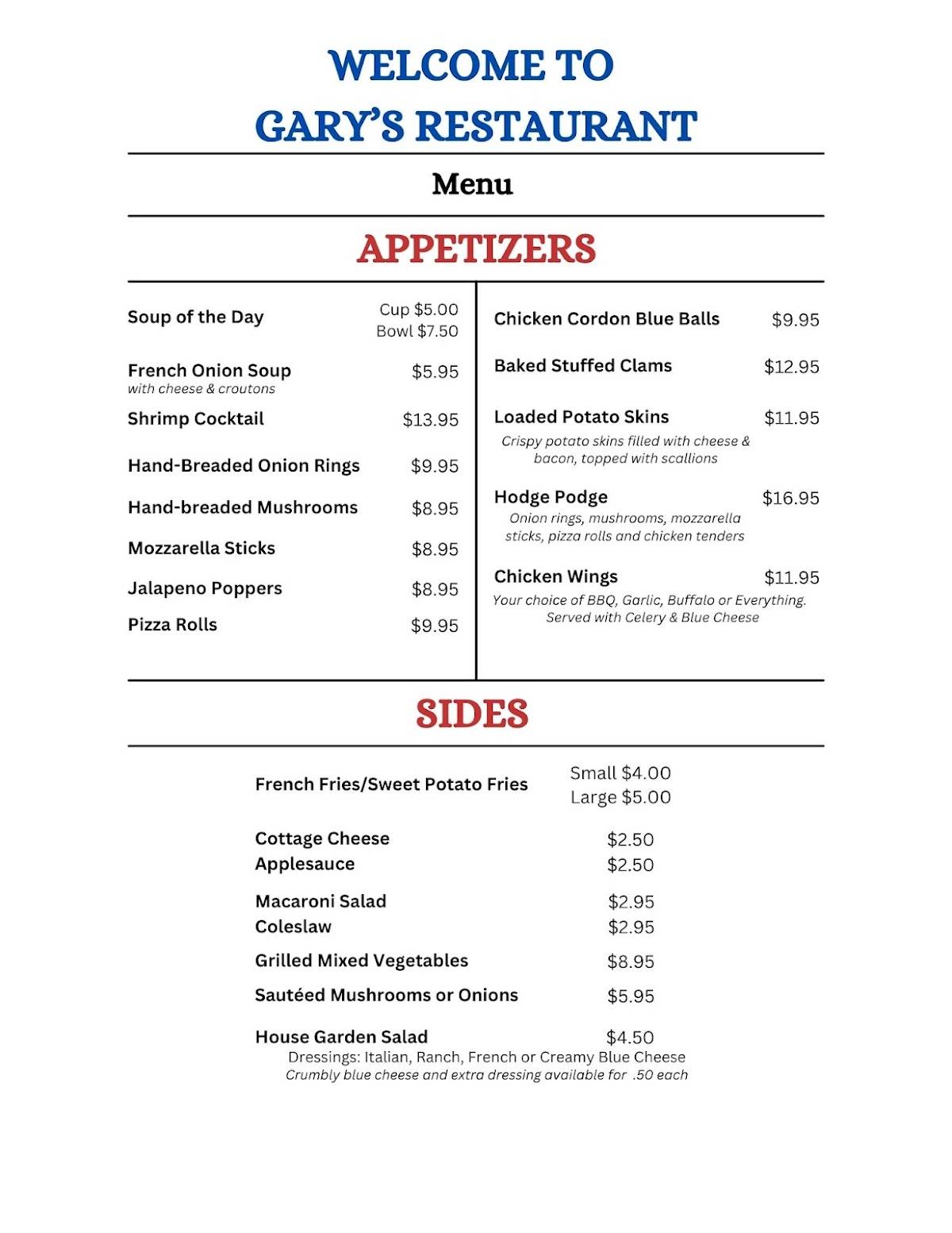 Menu at Gary's Restaurant, Sylvan Beach