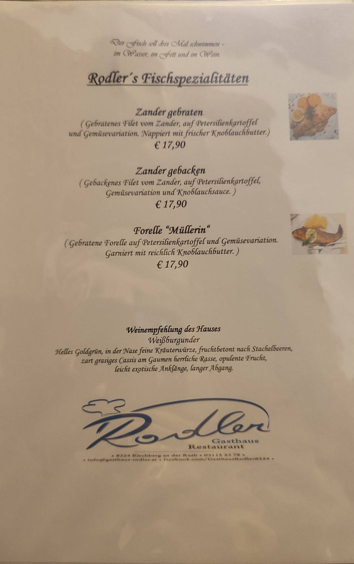 Speisekarte von Gasthaus Restaurant Rodler, Kirchberg an der Raab
