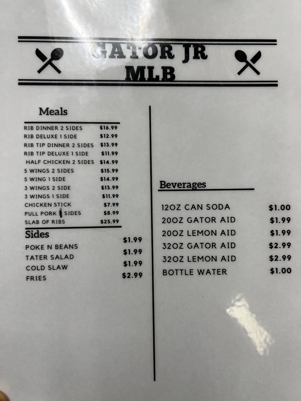 Menu at Gator Jr's Major League BBQ, Jackson, 119 Colony Crossing Way #860