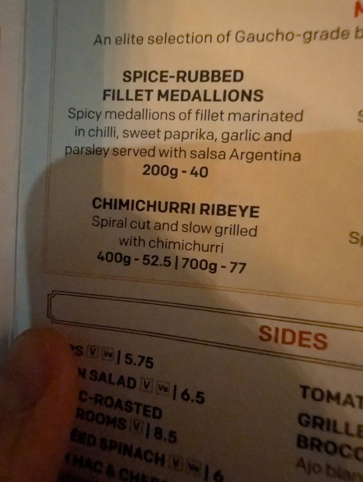 Menu at Gaucho Edinburgh steakhouse, Edinburgh