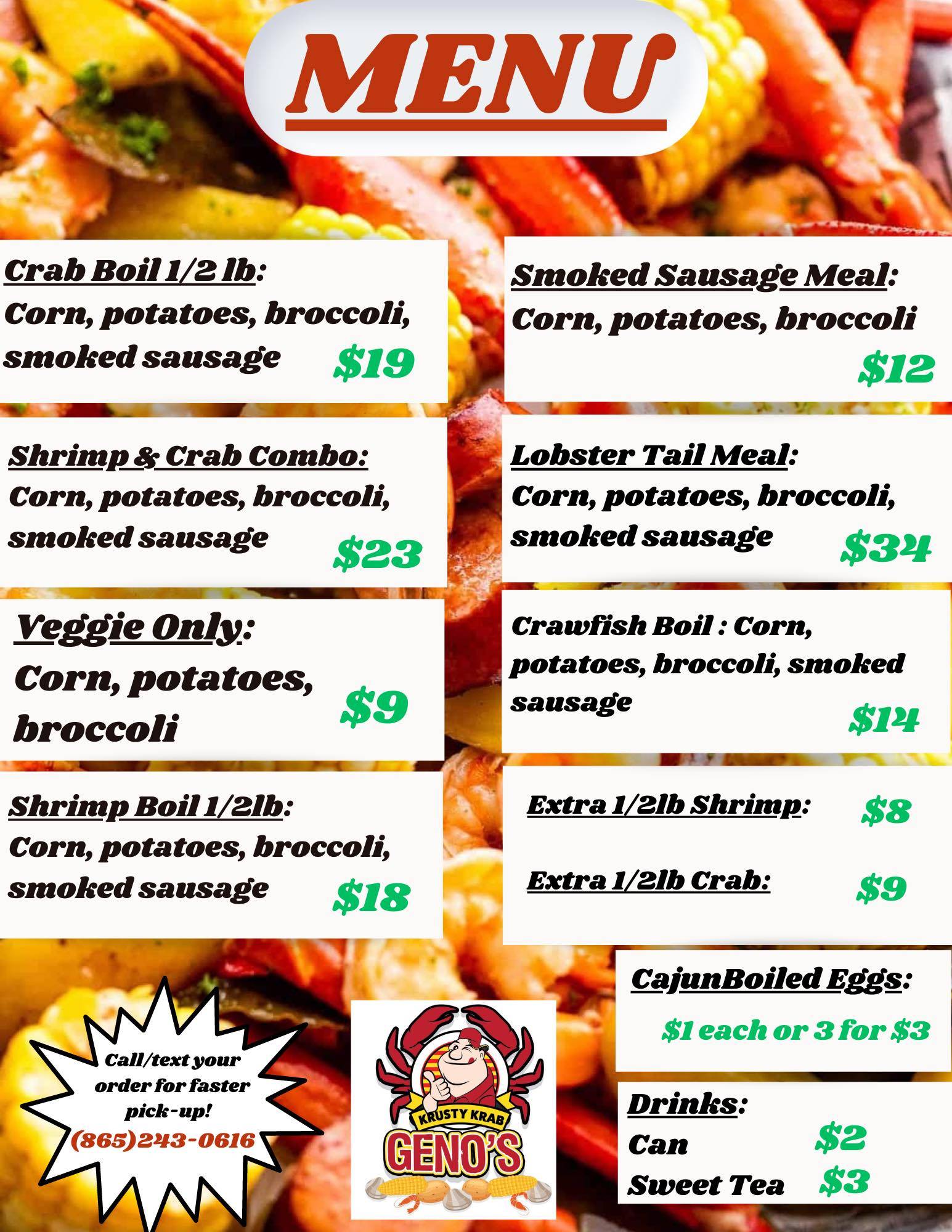 Menu at Geno's Crusty Crab restaurant, Greenback