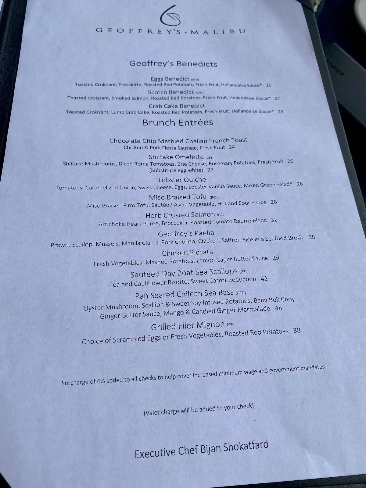 Menu at Geoffrey's restaurant, Malibu