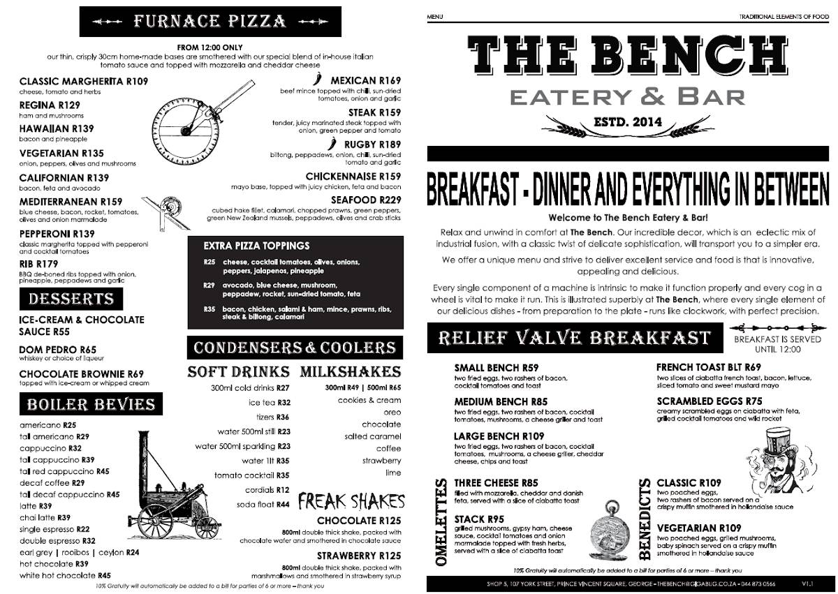 Menu at The Bench Eatery & Bar, George