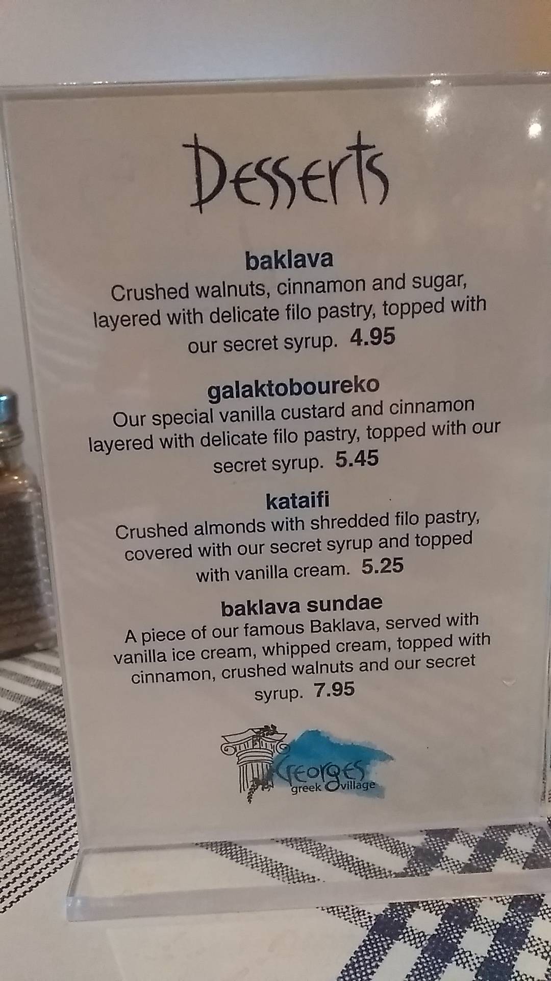 Menu at George's Greek Village restaurant, St. Catharines, 535 Queenston St