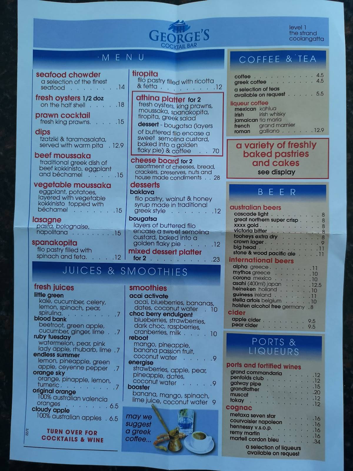 Menu at George's Paragon Coolangatta restaurant, Coolangatta, The Strand