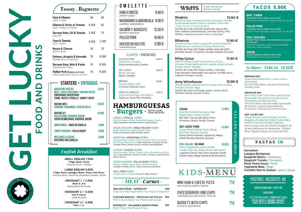 Menu at Get Lucky pub & bar, Torremolinos