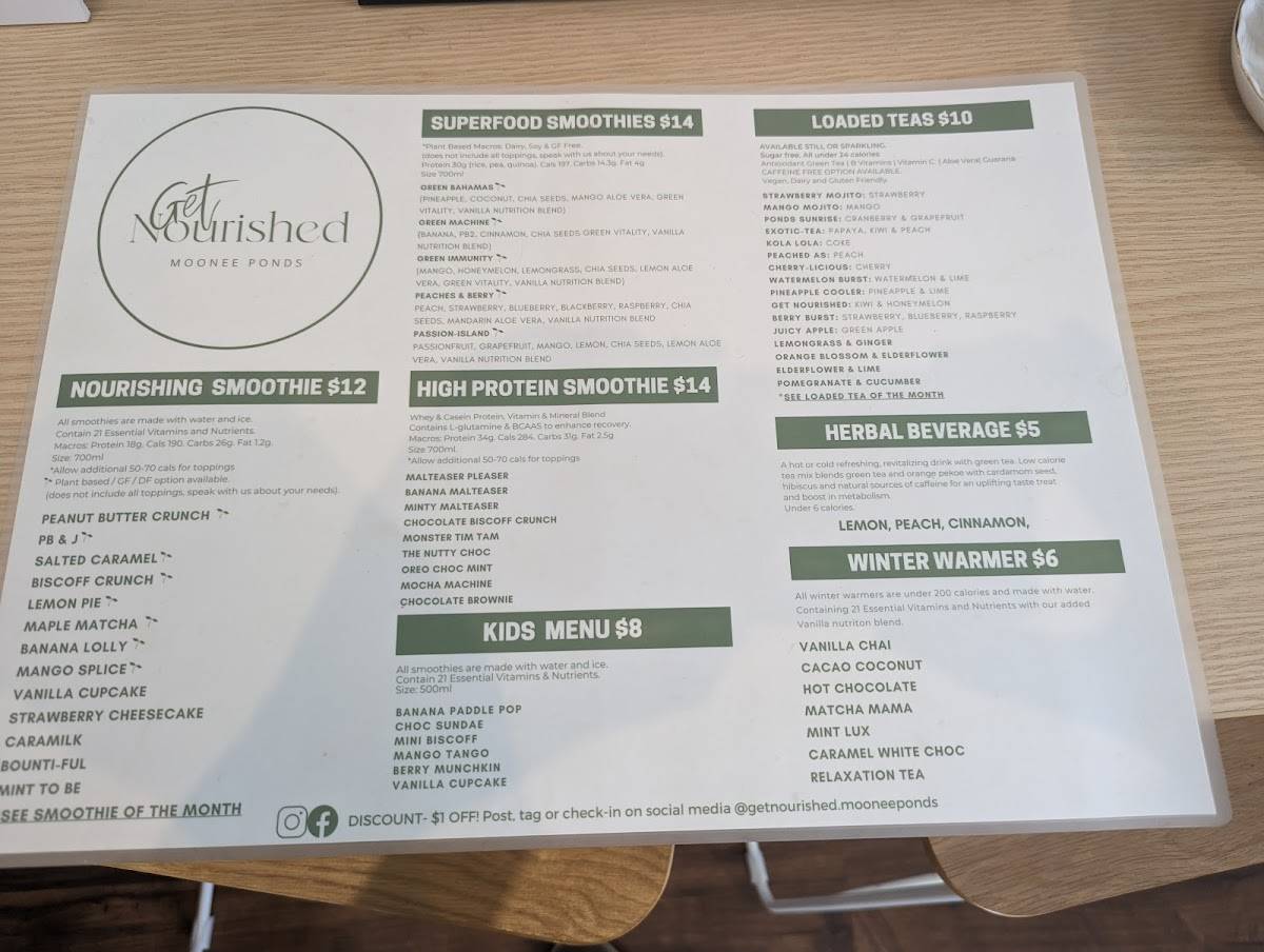 Menu at Get Nourished Moonee Ponds cafe, Moonee Ponds
