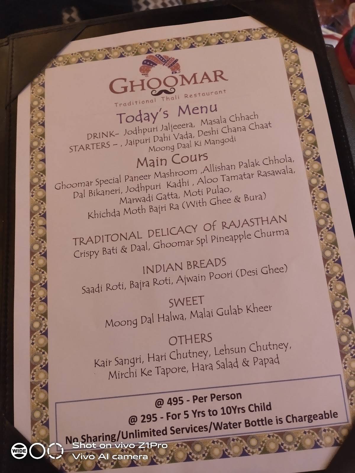 Menu at Ghoomar Traditional Thali Restaurants - City Centre Mall, Mangaluru