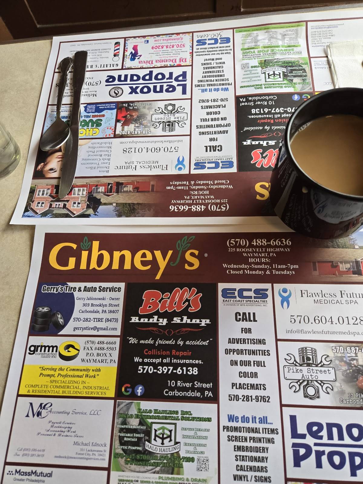 Menu at Gibney's Restaurant, Waymart