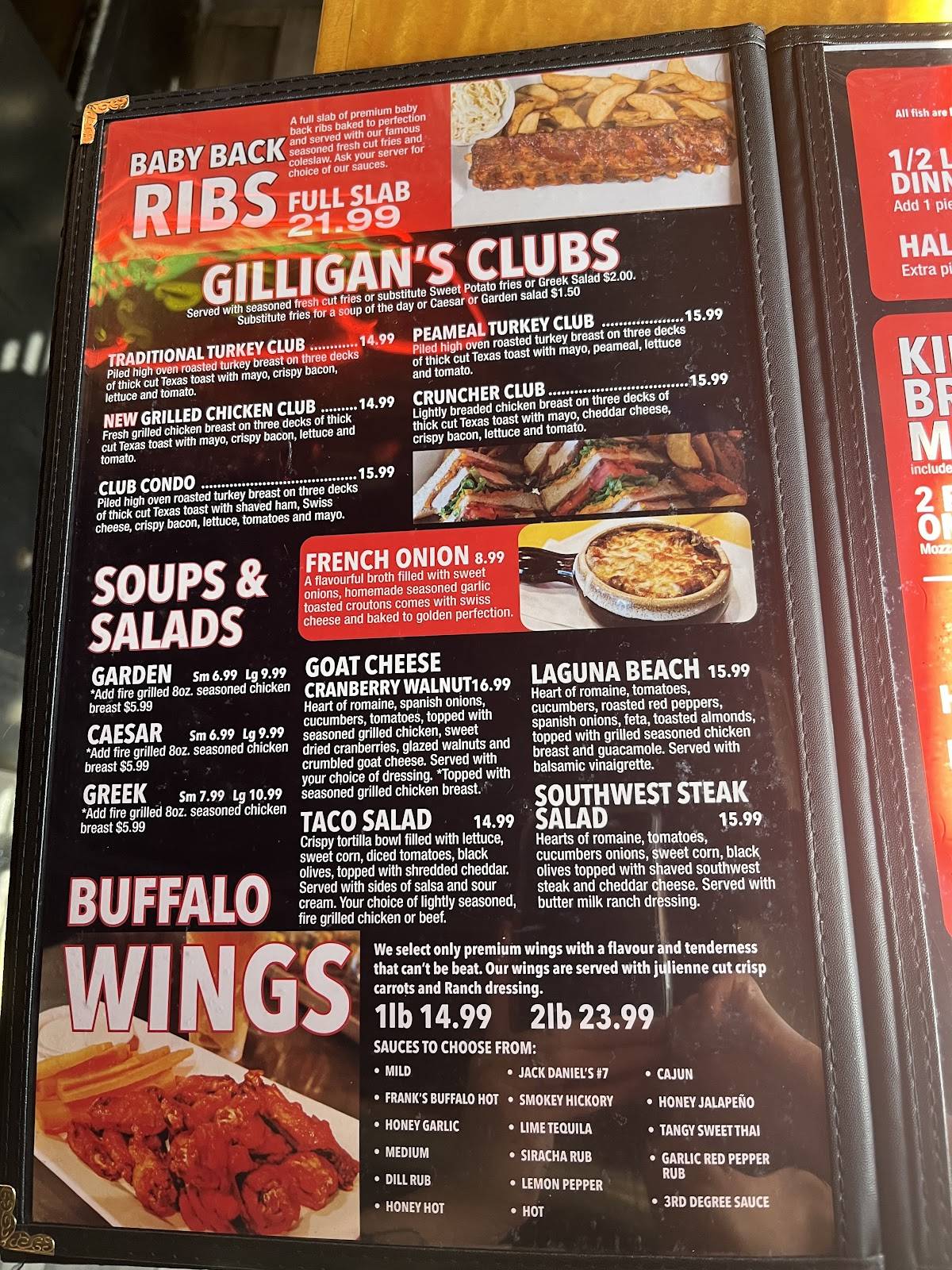 Menu at Gilligan's restaurant, Windsor, Walker Rd