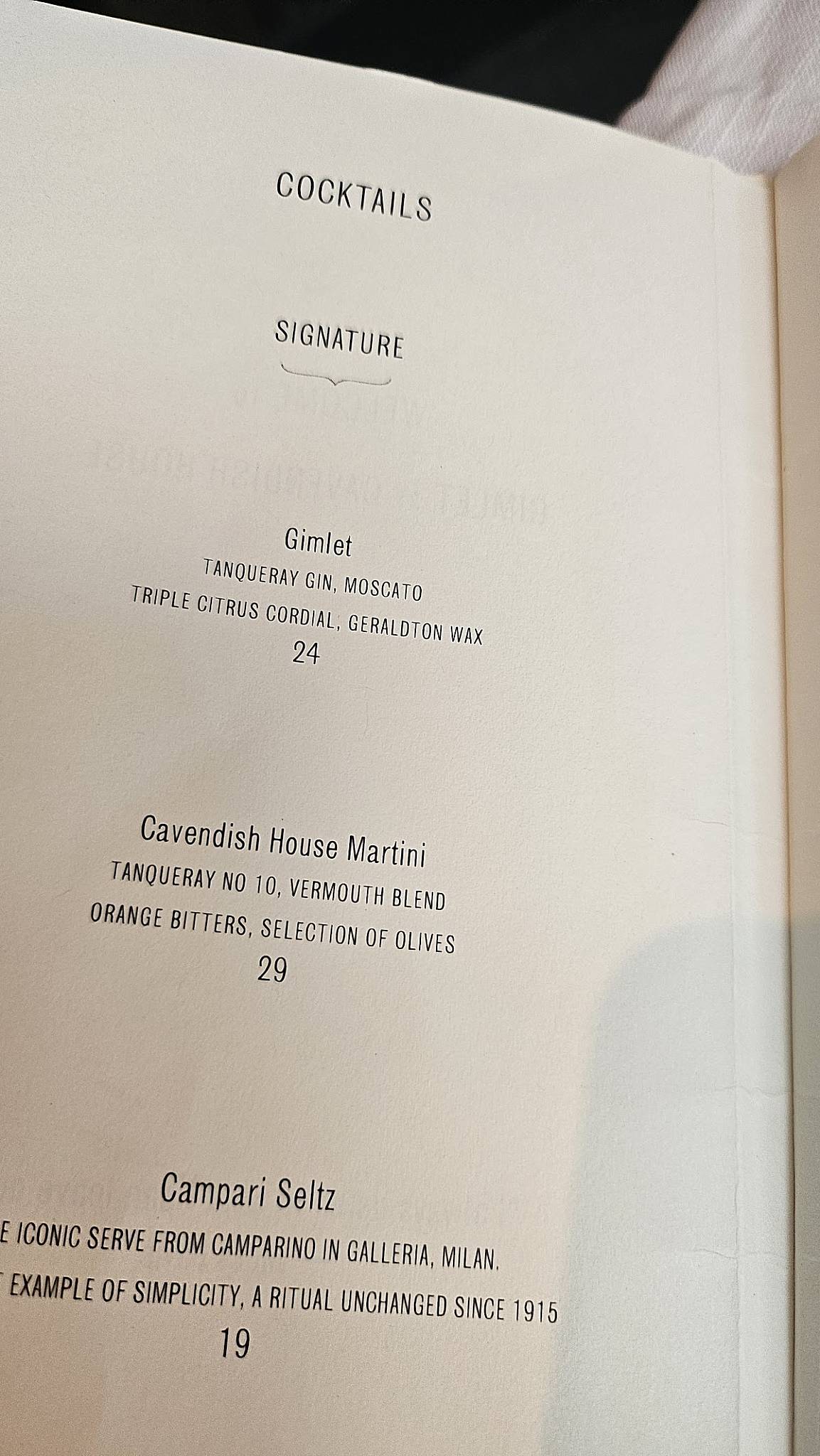 Menu at Gimlet restaurant, Melbourne