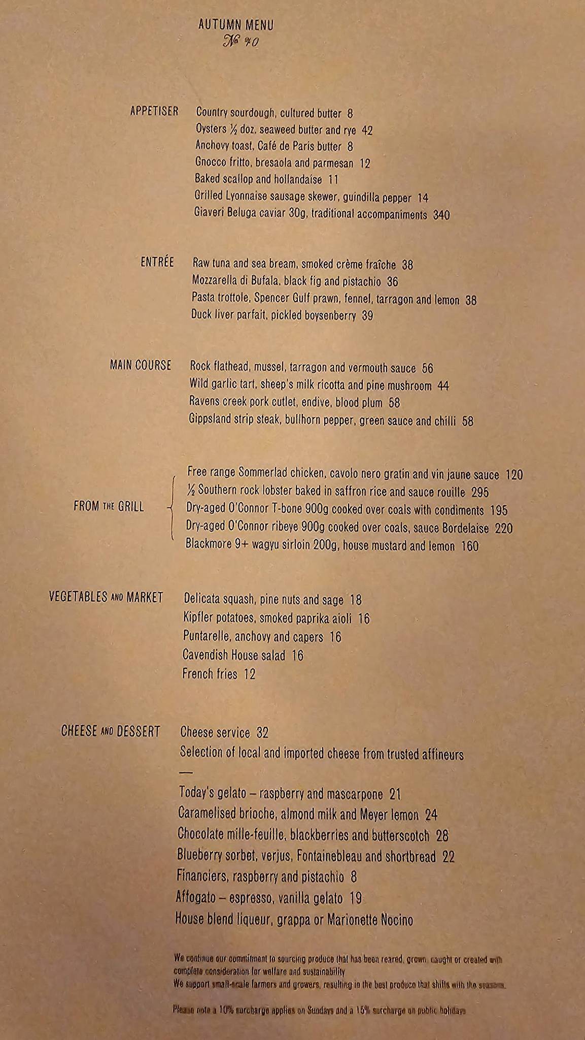 Menu at Gimlet restaurant, Melbourne