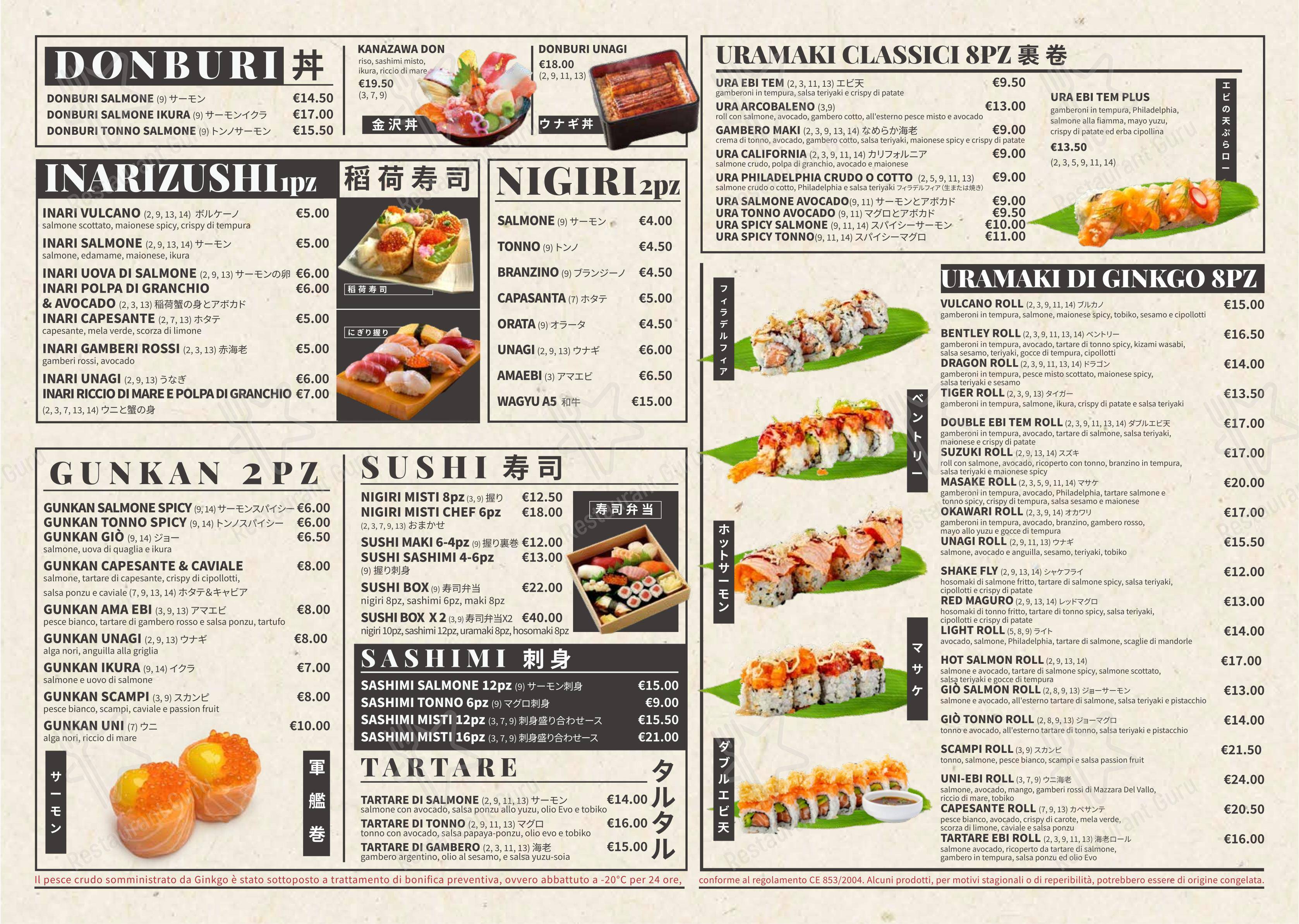 Menu at Ginkgo Izakaya restaurant, Bergamo