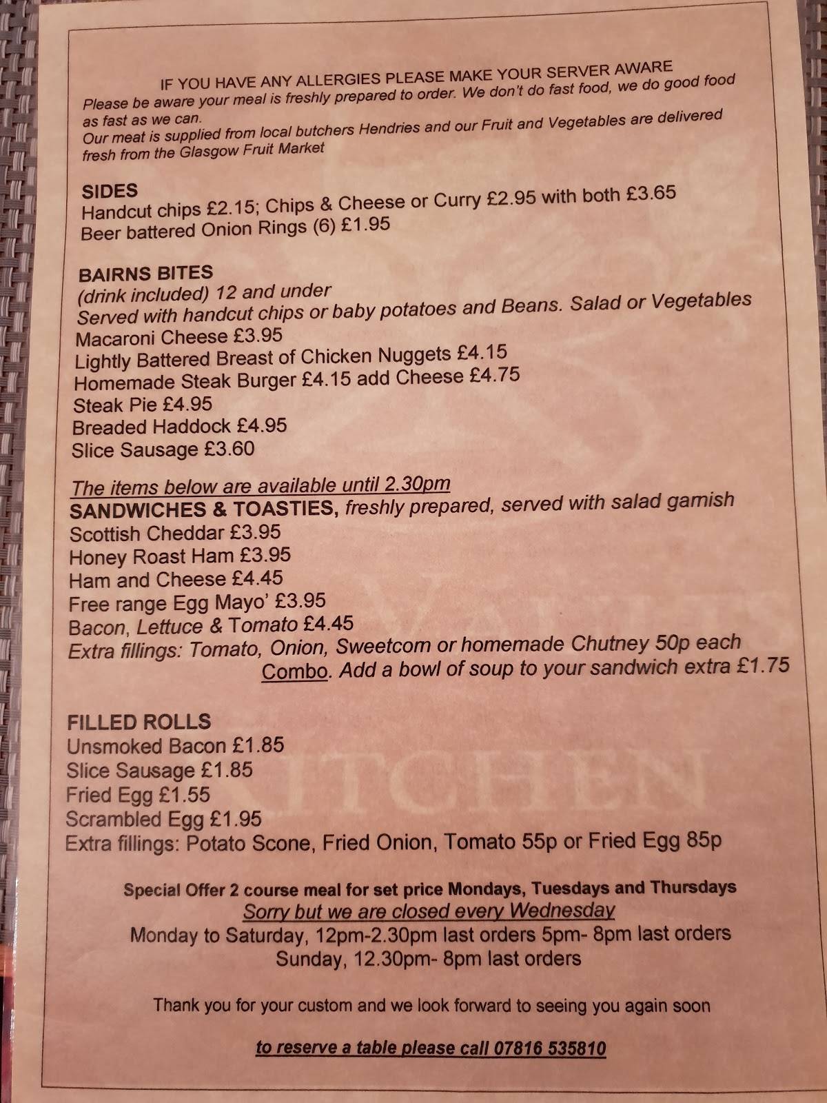 Menu at The Vaults pub & bar, Girvan