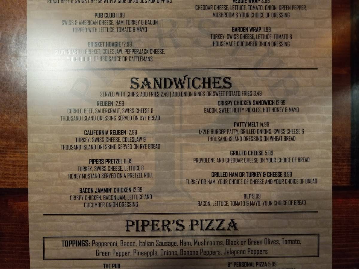 Menu at Piper's Pub, Gladwin