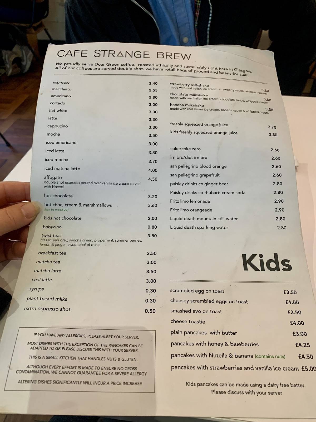 Menu at Cafe Strange Brew, Glasgow