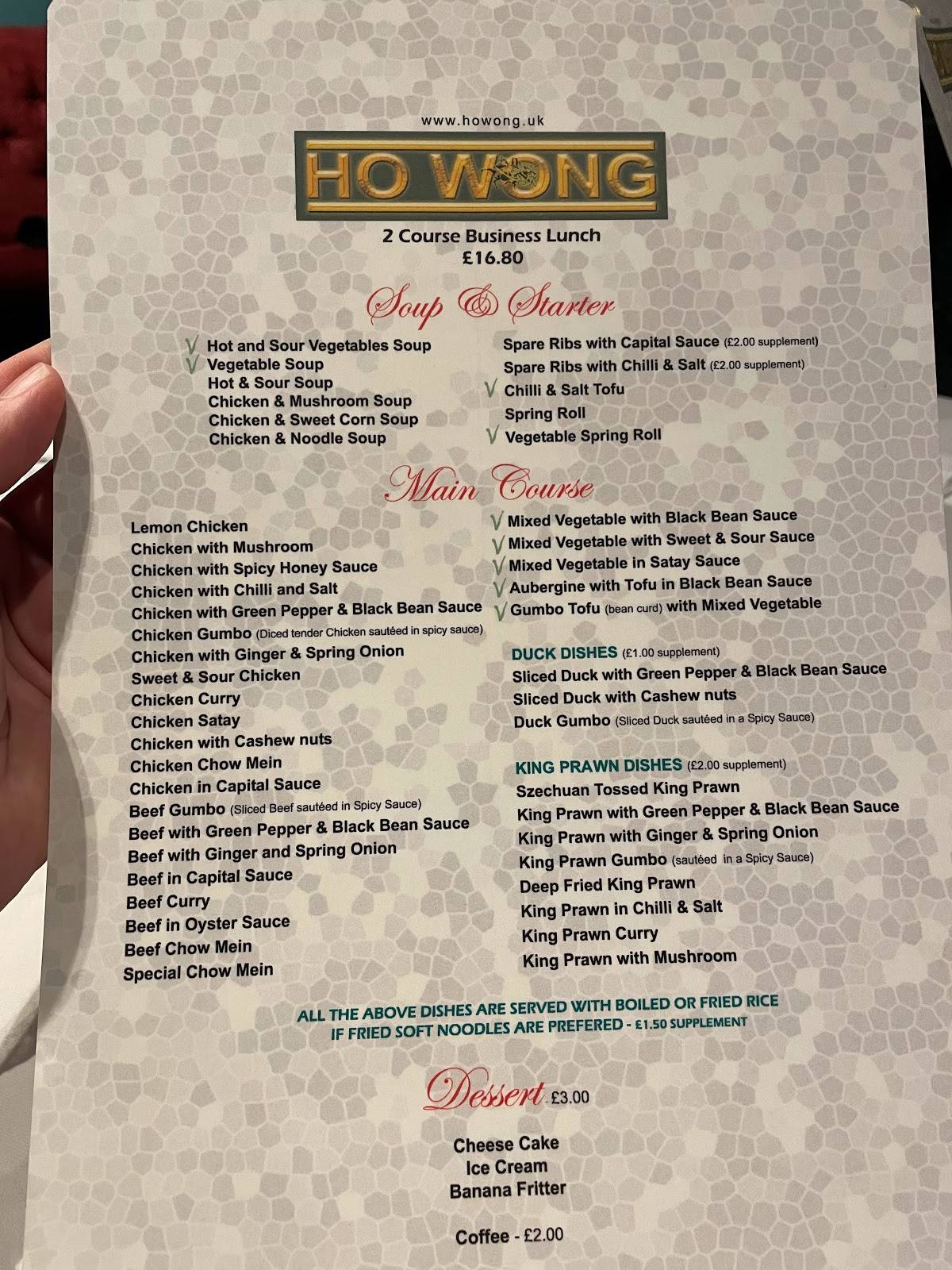 Menu at Ho Wong restaurant, Glasgow, 56 Waterloo St