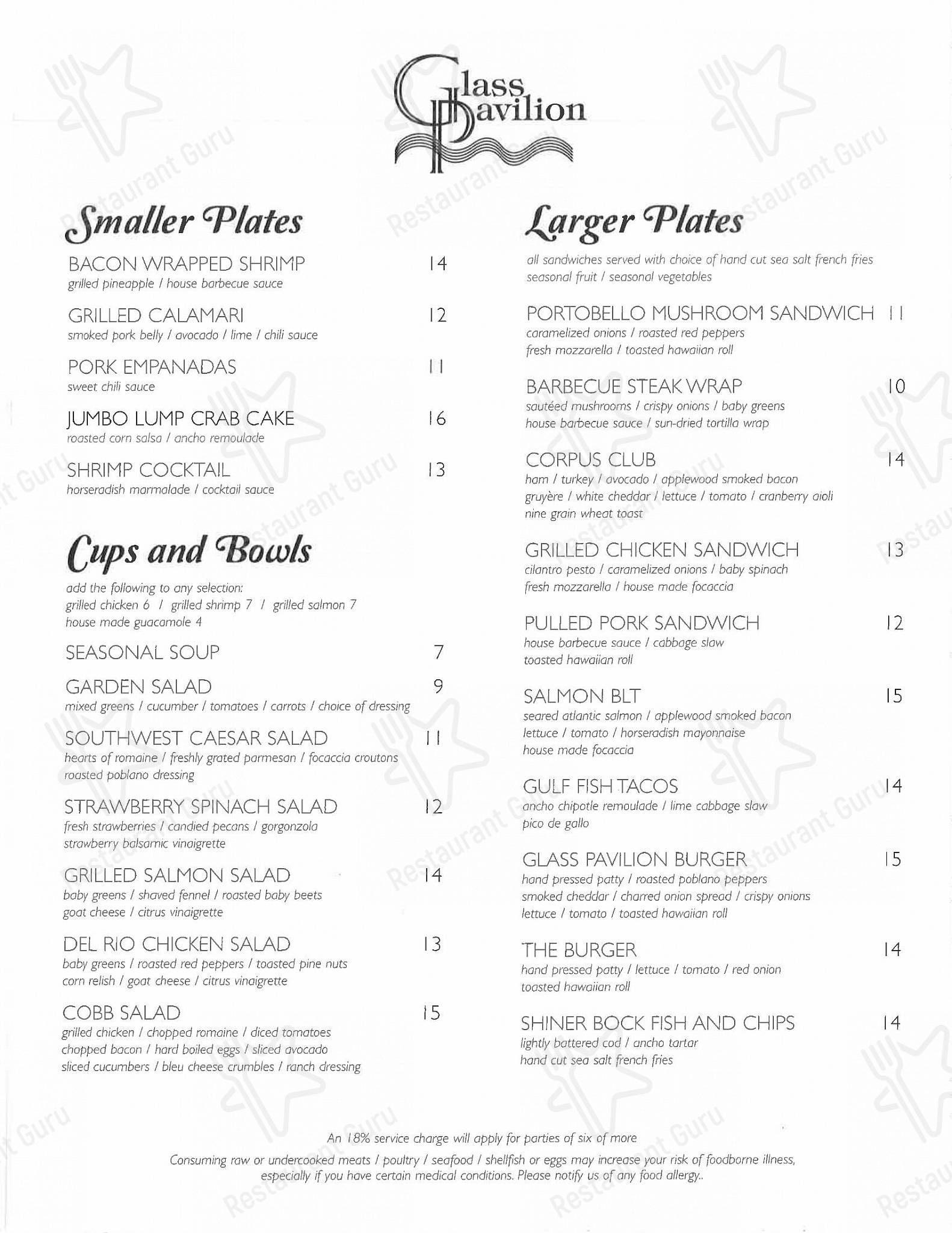 Menu at Glass Pavilion Restaurant, Corpus Christi