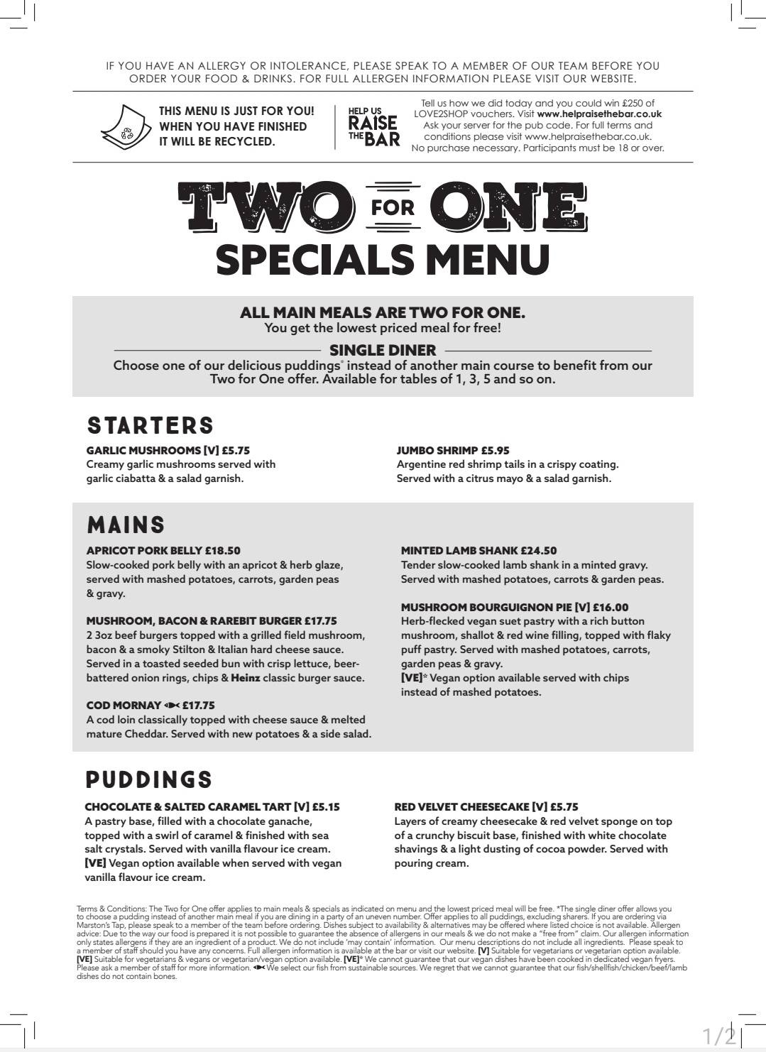 Menu at Barn Owl, Quedgeley