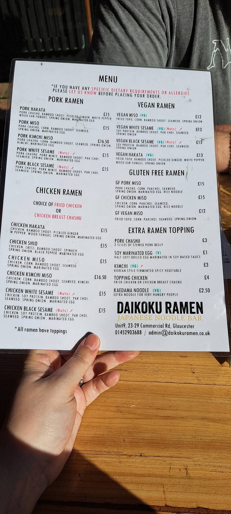 Menu at Daikoku Ramen restaurant, Gloucester