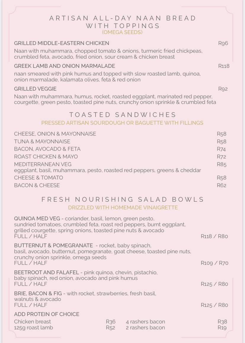 Menu at Goddess Cafe Waterkloof, Pretoria