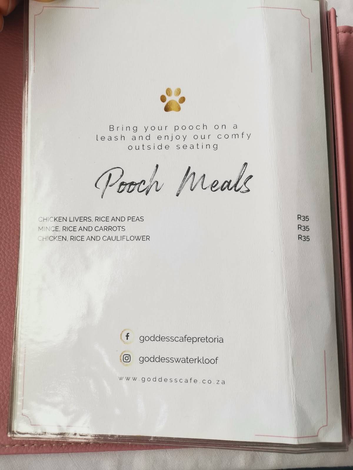 Menu at Goddess Cafe Waterkloof, Pretoria