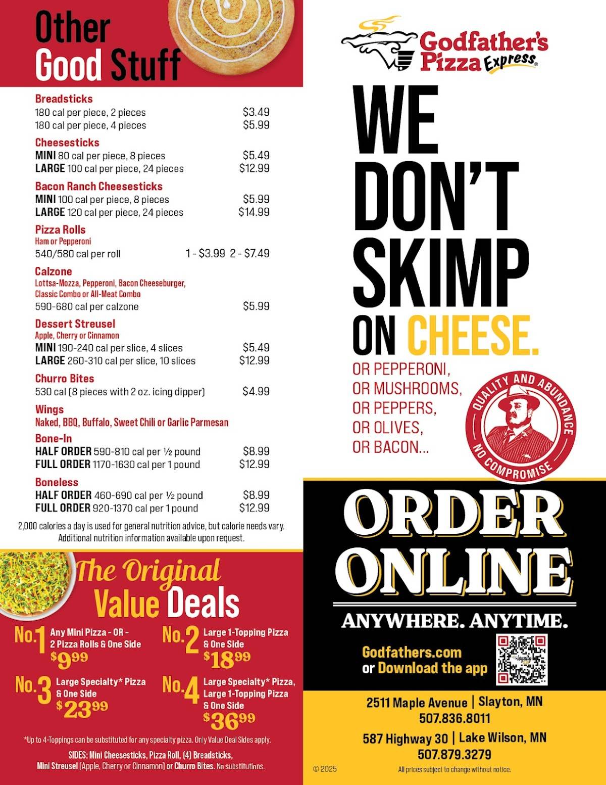 Menu at Godfather's Pizza Express pizzeria, Slayton
