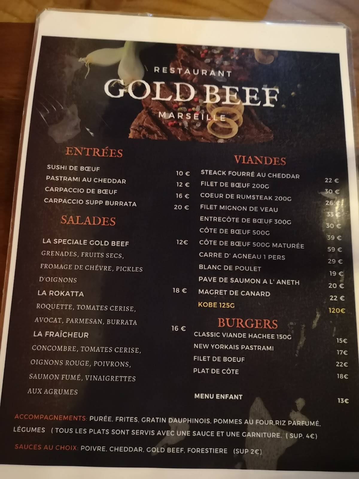 Menu at Gold Beef restaurant, Marseille