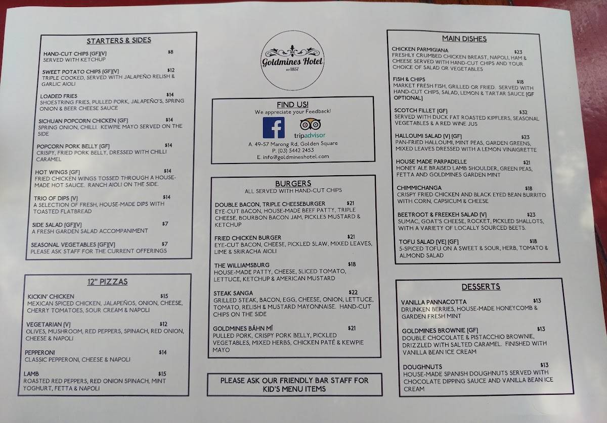 Menu at Gold Mines Hotel restaurant, Bendigo