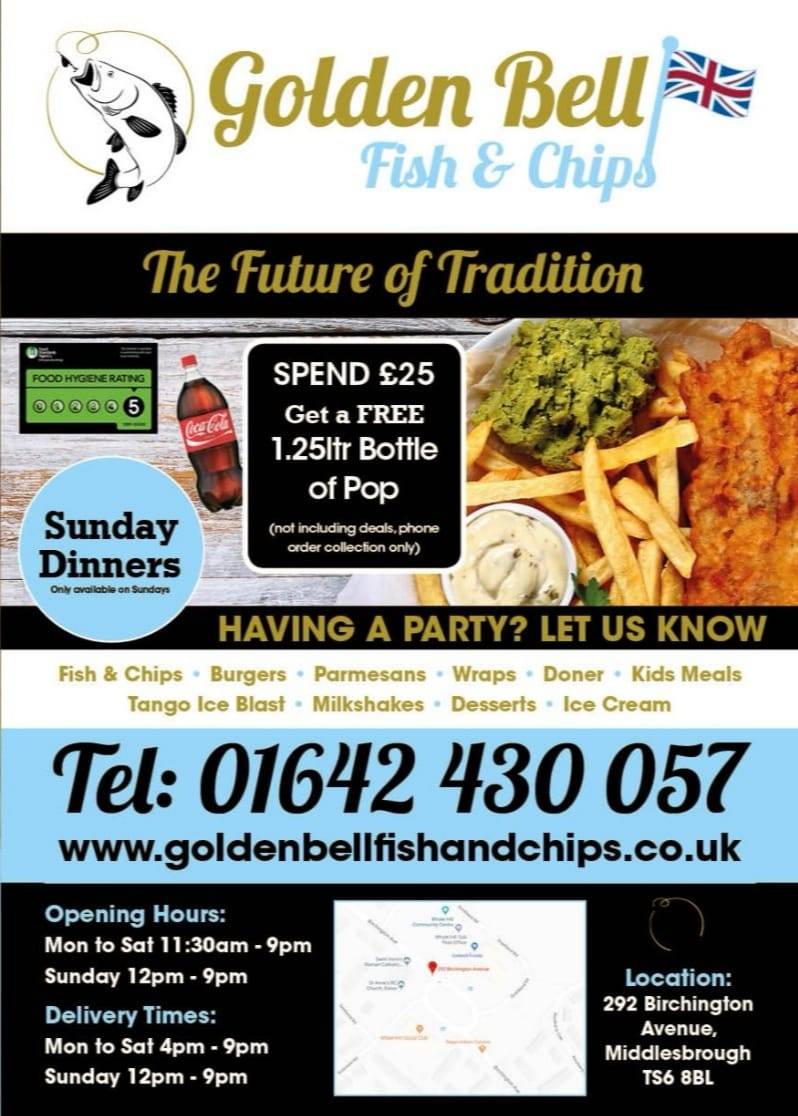 Menu at Golden Bell Fish And Chips restaurant, Middlesbrough