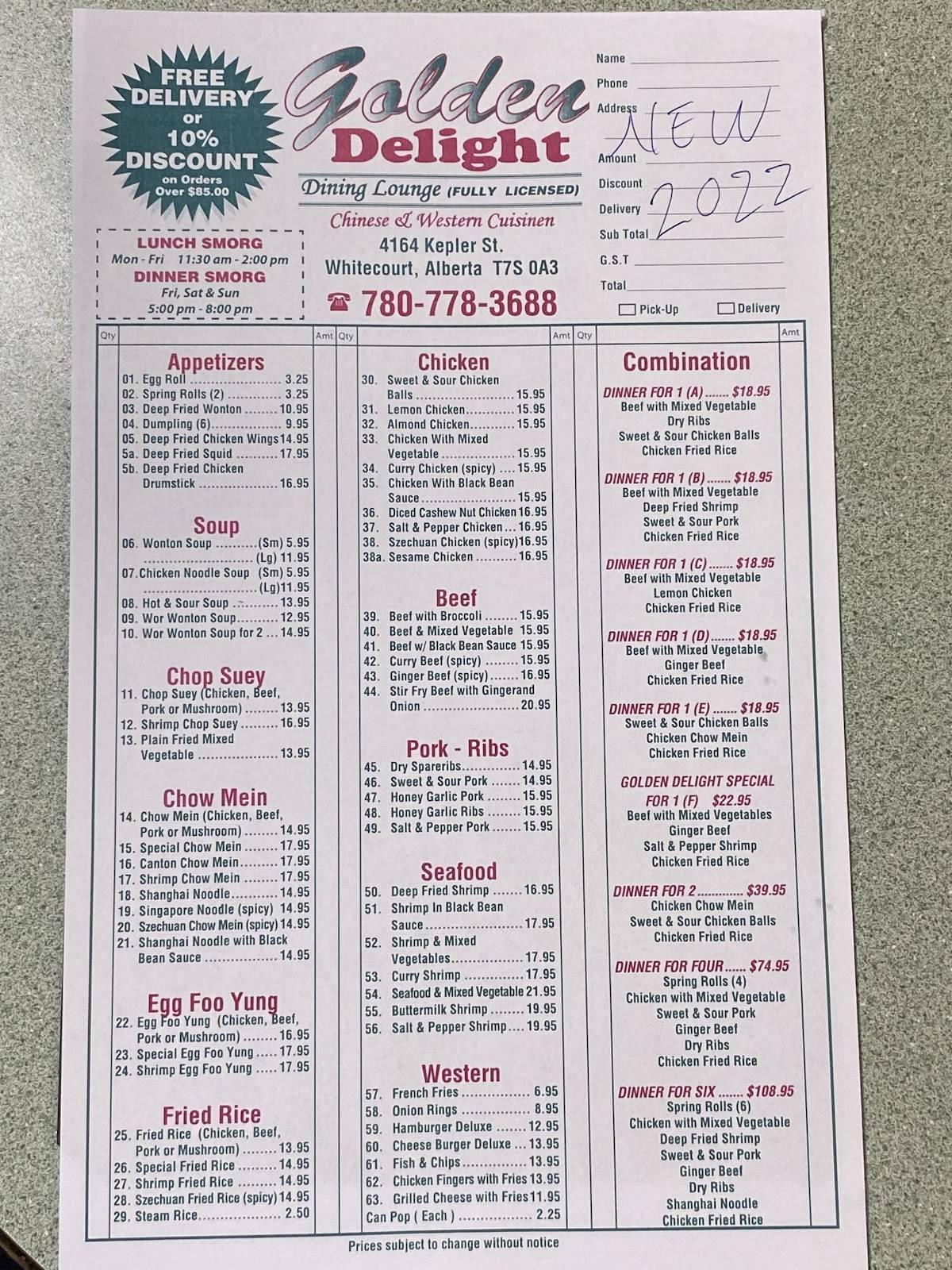 Menu at Golden Delight Restaurant, Whitecourt
